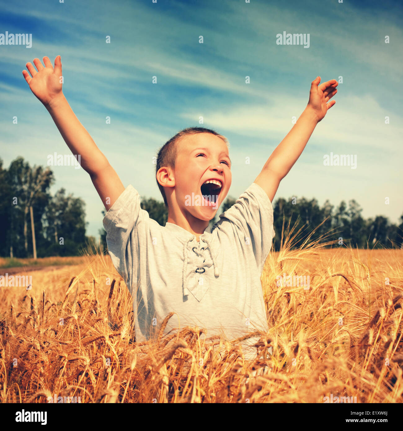 Happy Kid in the Field Stock Photo - Alamy