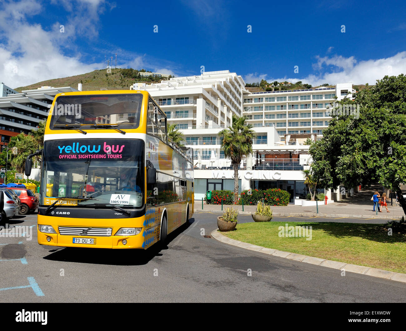 Yellow bus sightseeing City tour of Funchal Madeira Portugal Stock ...