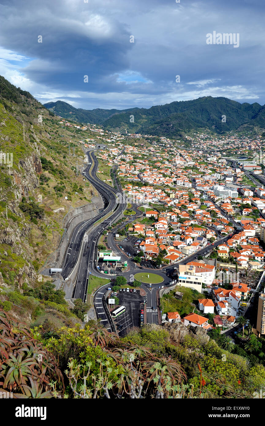 Machico Madeira Portugal. Looking down on the roads and city buildings ...