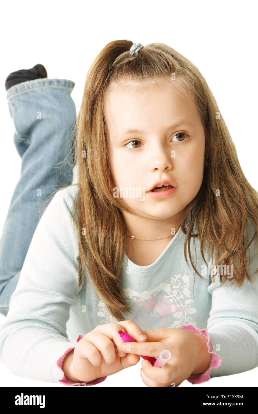 Girl laying down on white Stock Photo - Alamy