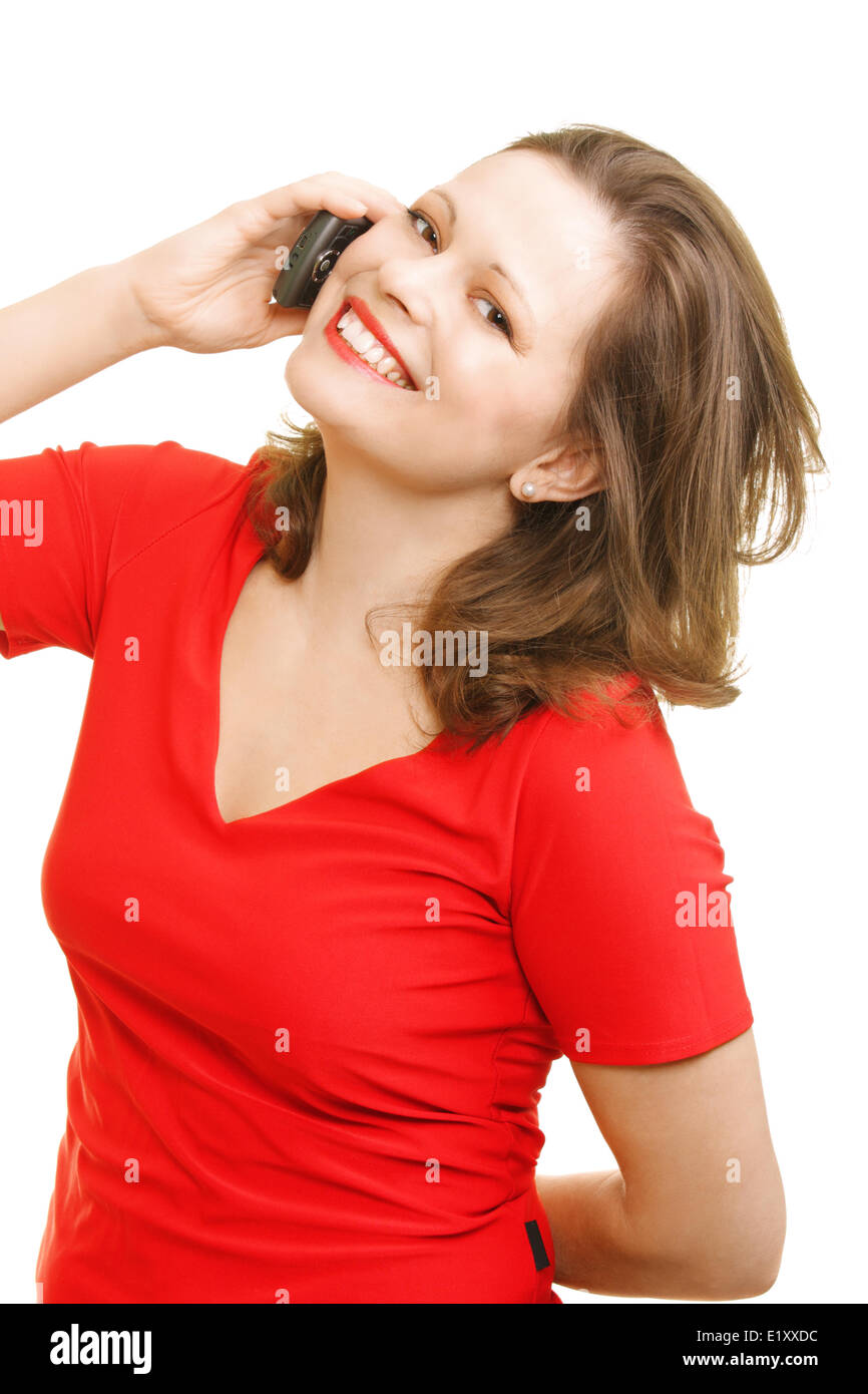 Young woman in red calling Stock Photo - Alamy