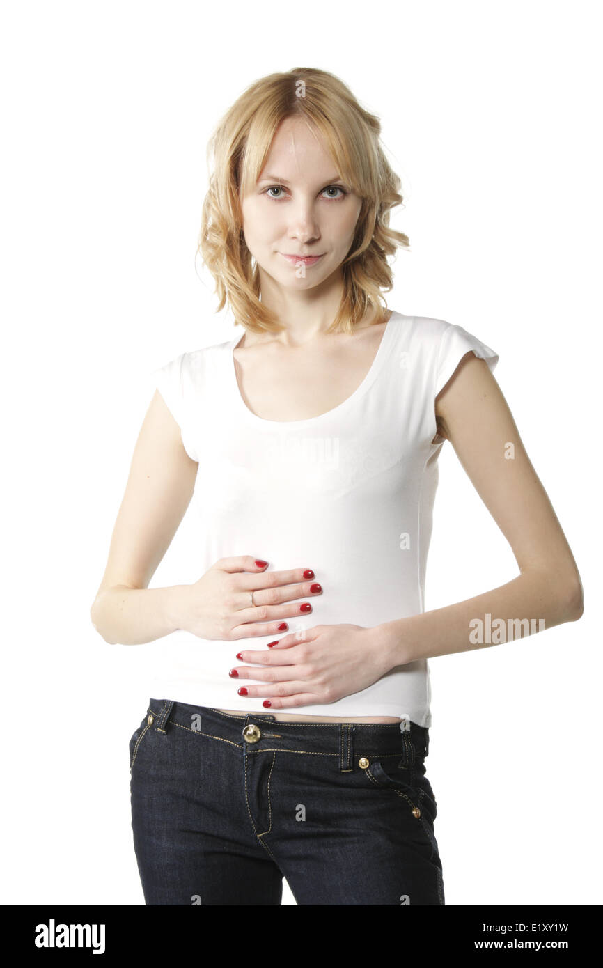 Hands on stomach Stock Photo - Alamy
