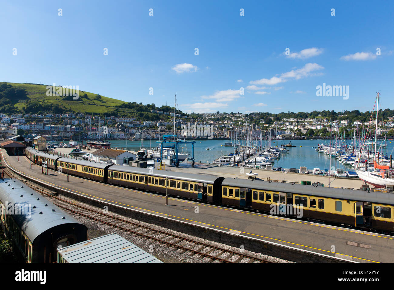 Dartmouth railway station Devon England with a train with yellow ...