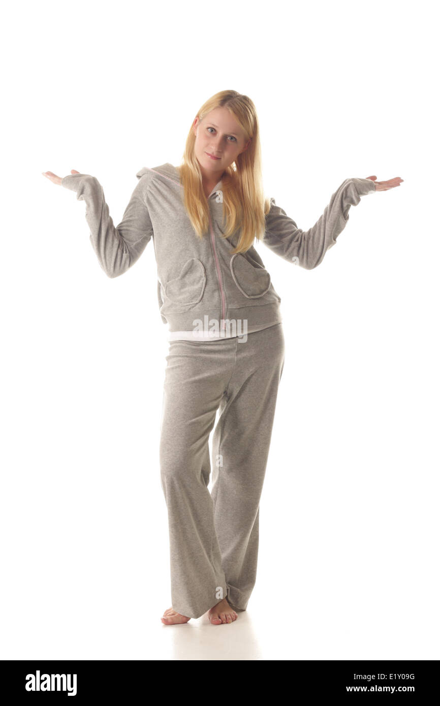 Blonde standing hands apart Stock Photo - Alamy