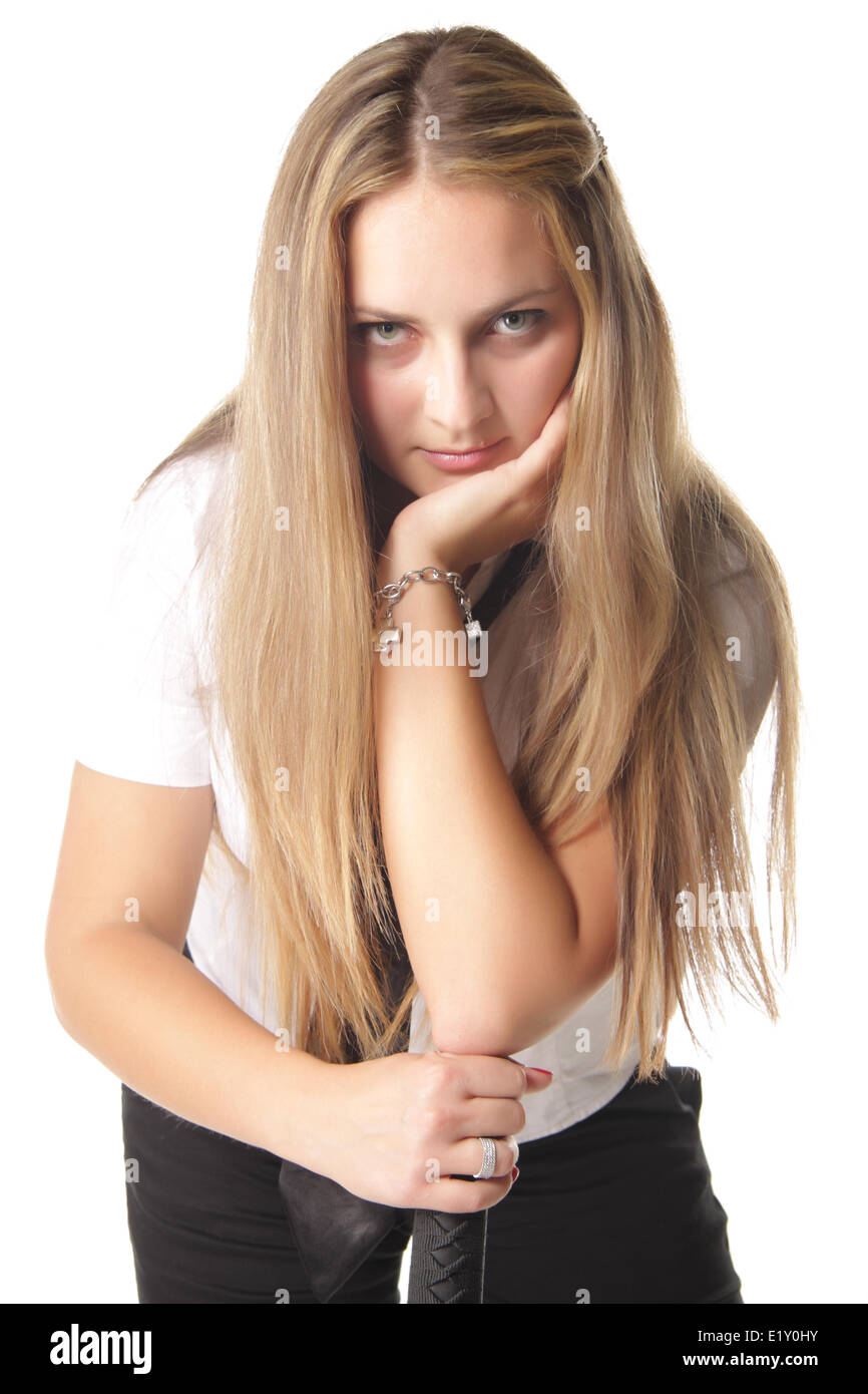 Leaning on sword Stock Photo - Alamy