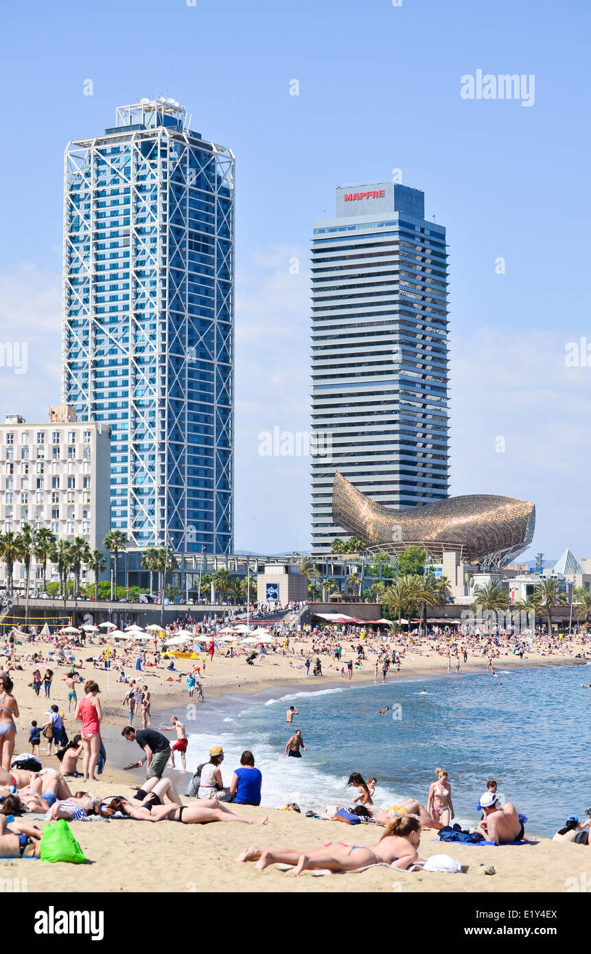 Mapfre Tower, Hotel Arts and Barceloneta beach. Barcelona, Catalonia ...