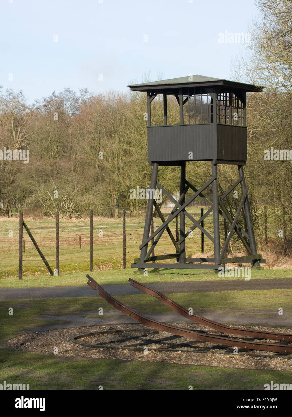Watch tower and national Monument in former concentration camp ...