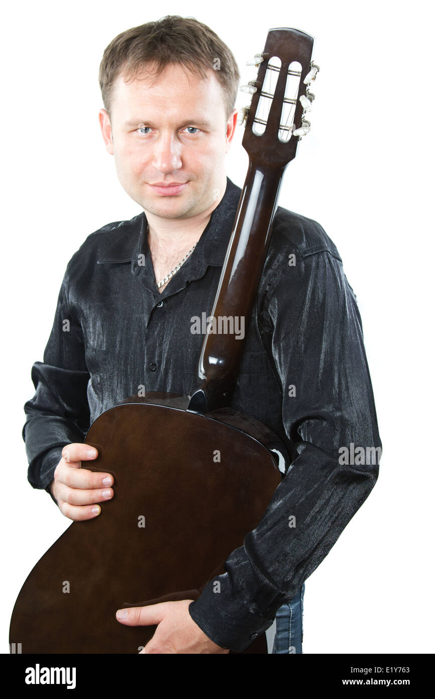 Guitarist and acoustic six-string guitar isolated on white. Musical ...