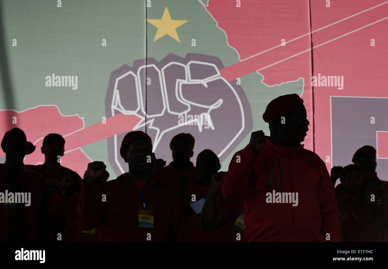 Julius Malema takes the stage at the EFF rally at Moripe stadium ...