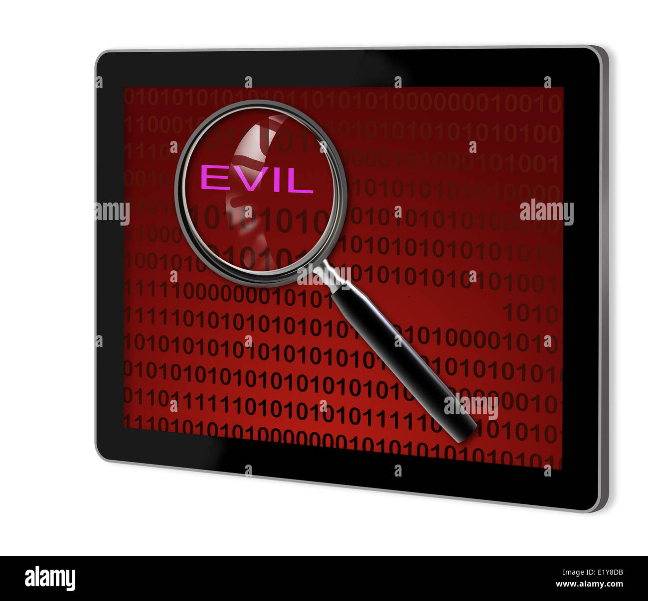 close up of magnifying glass on evil on screen of tablet made in 3d ...