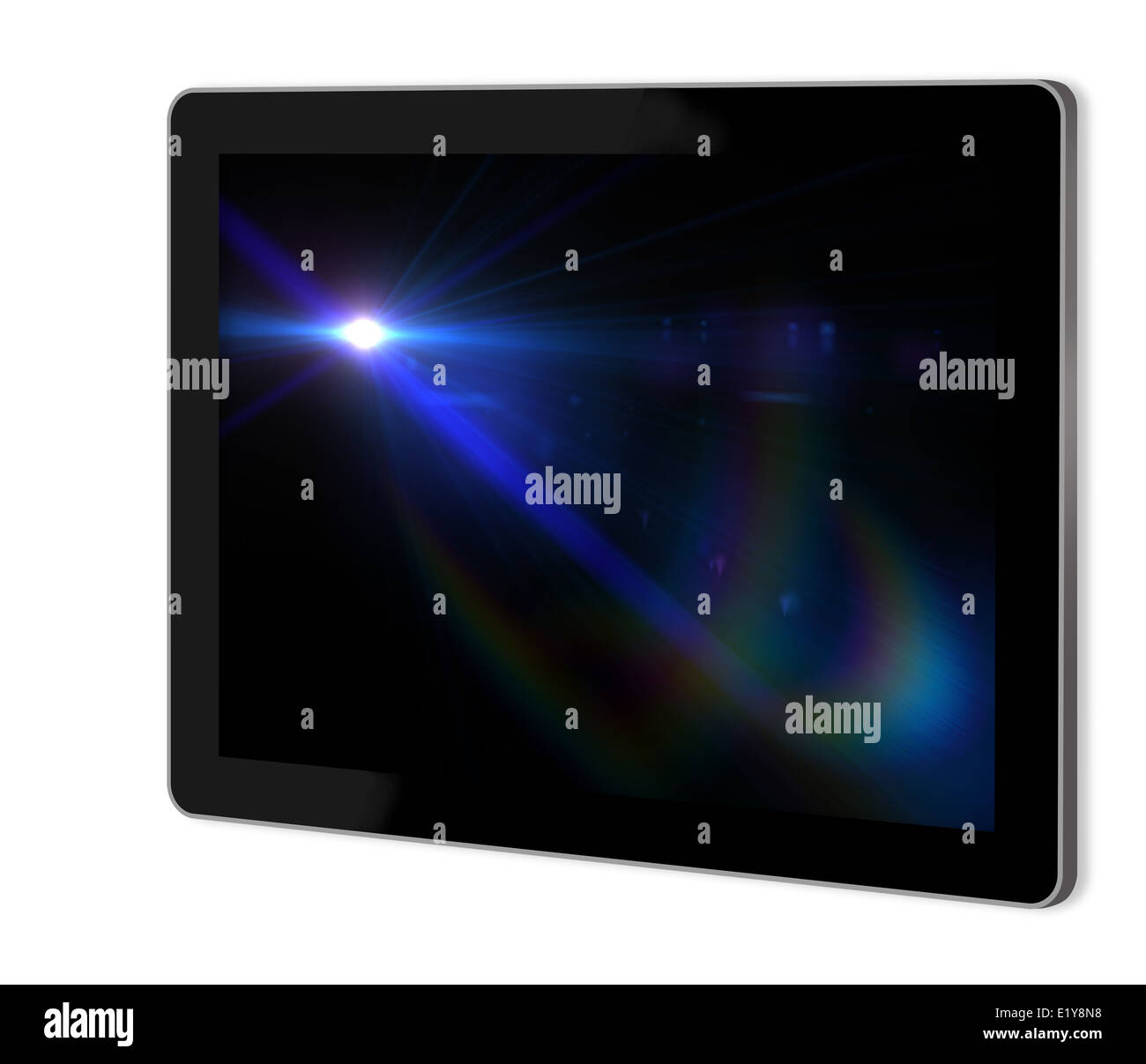 Lens flare effect in space on screen of tablet made in 3d software ...