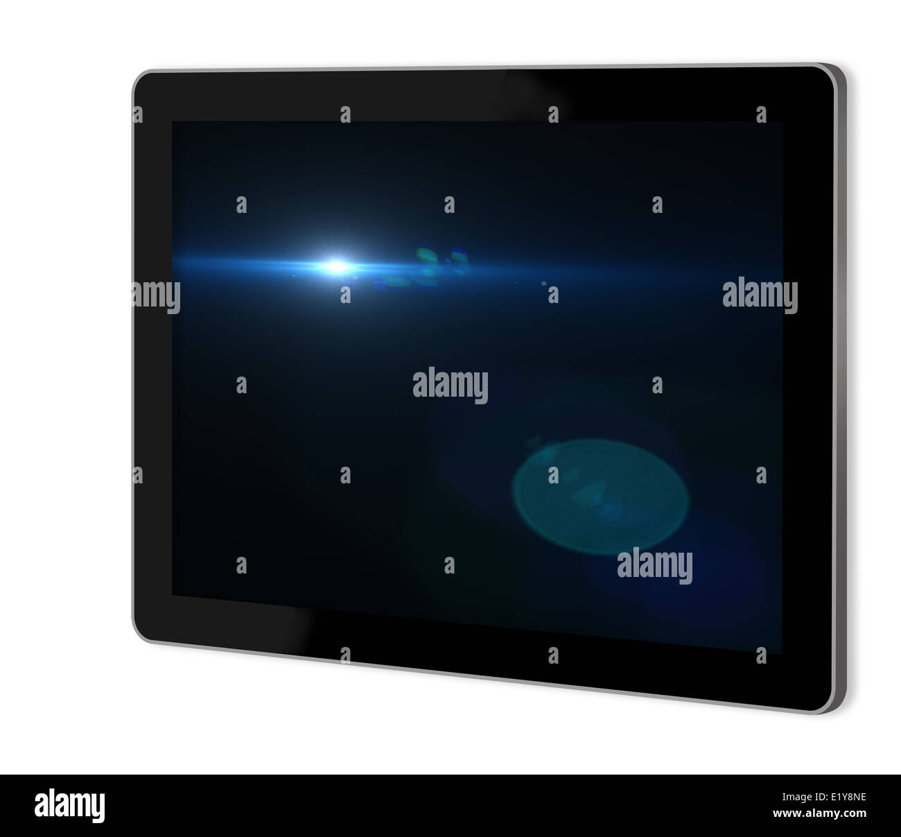 Lens flare effect in space on screen of tablet made in 3d software ...