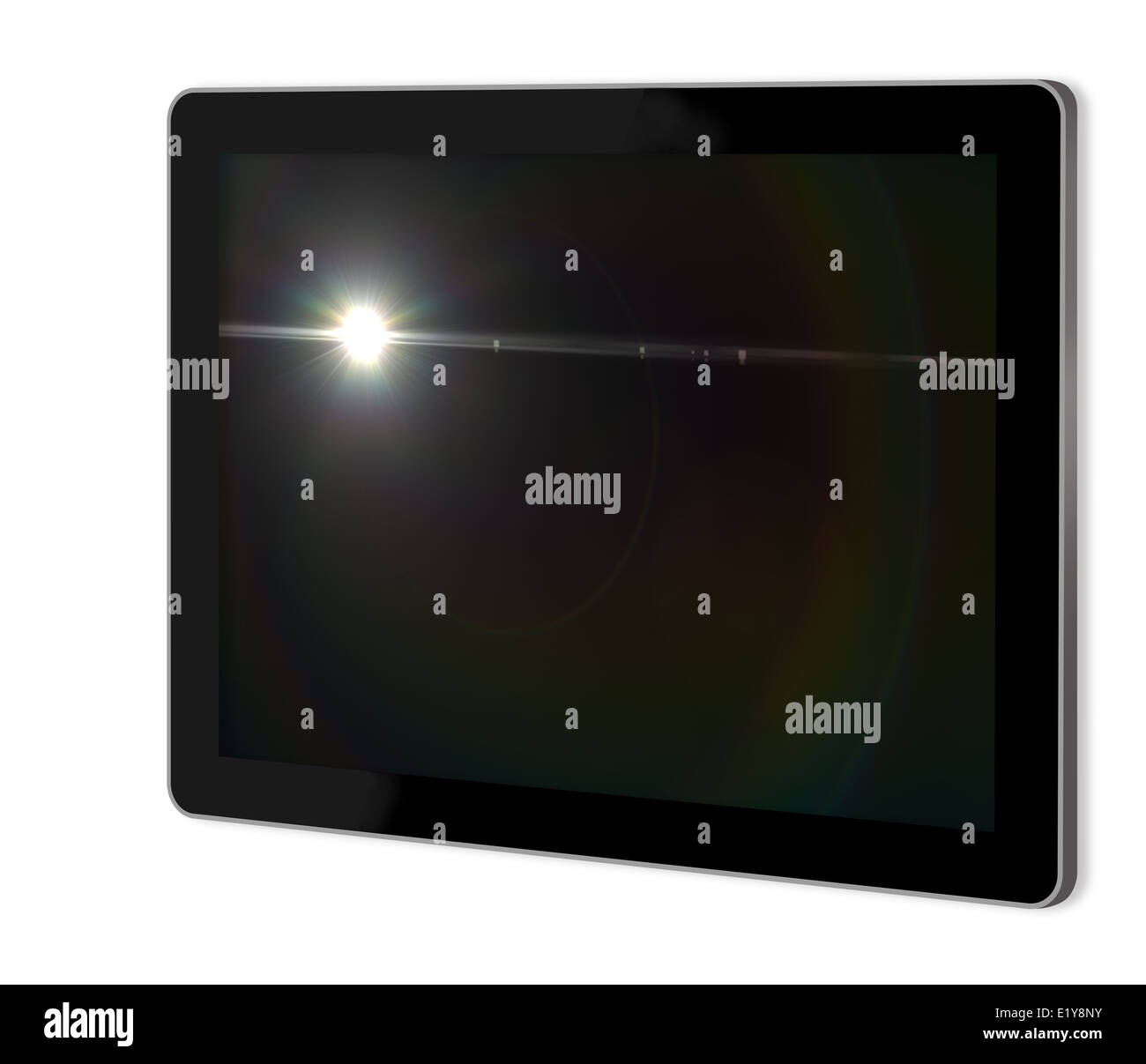 Lens flare effect in space on screen of tablet made in 3d software ...