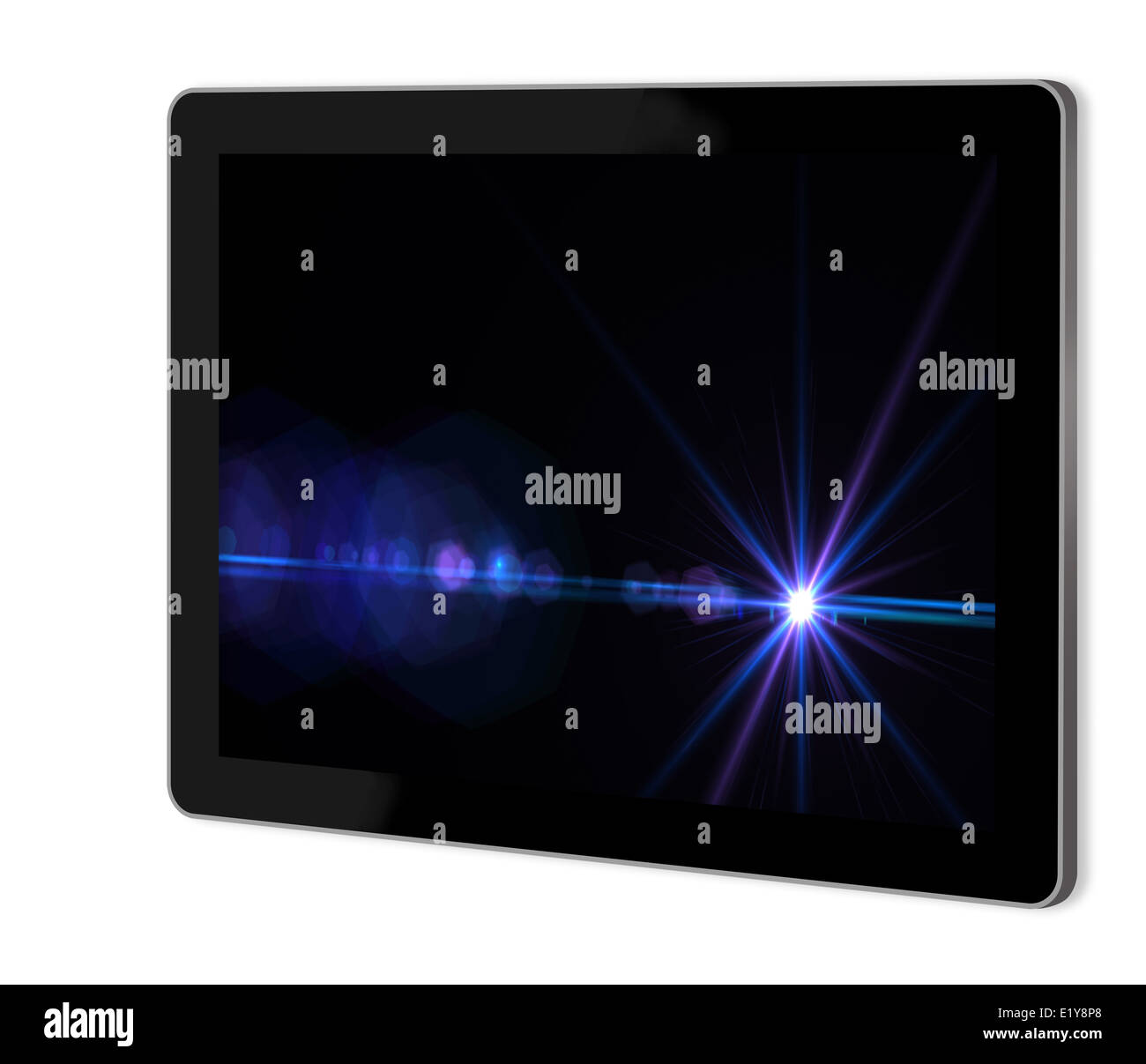 Lens flare effect in space on screen of tablet made in 3d software ...