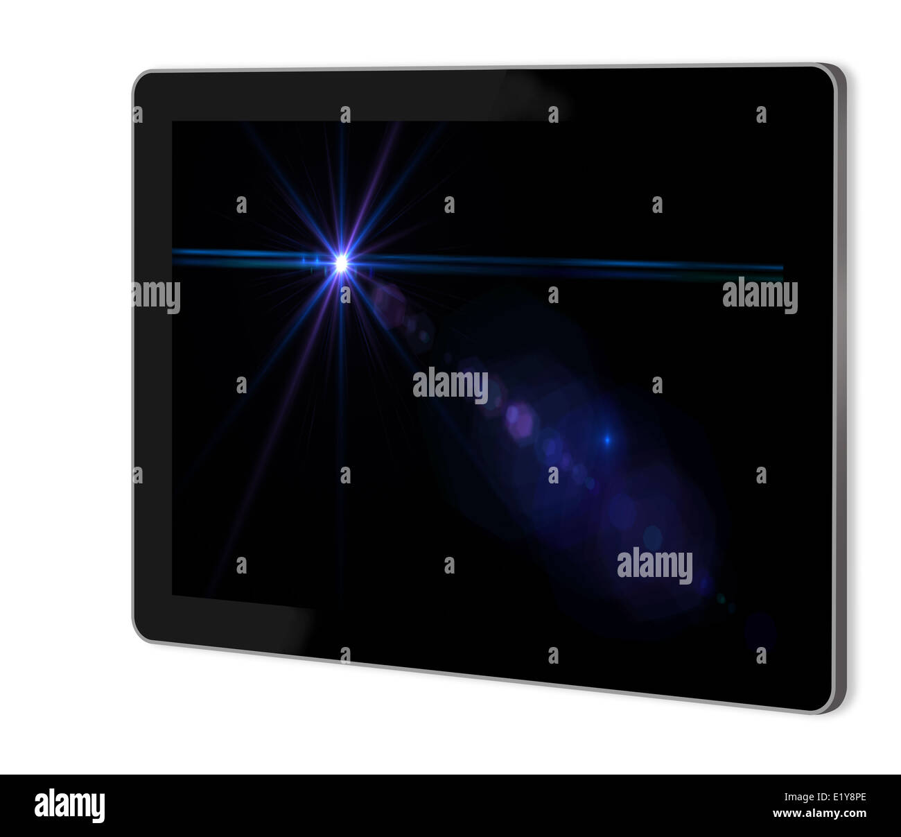 Lens flare effect in space on screen of tablet made in 3d software ...