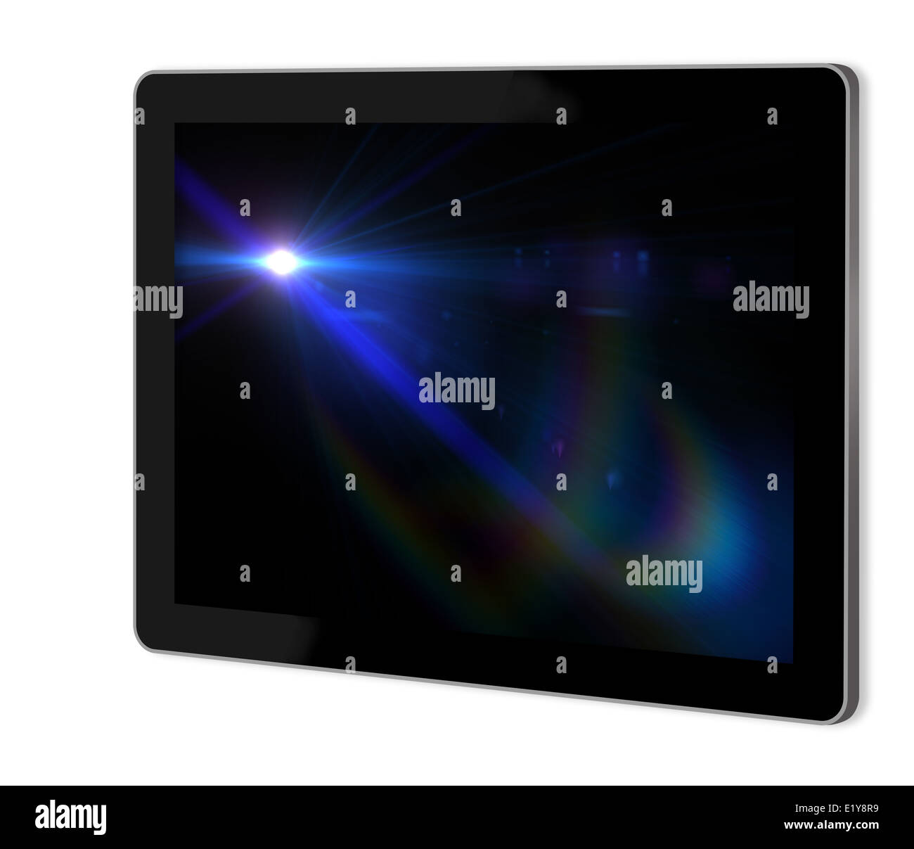 Lens flare effect in space on screen of tablet made in 3d software ...