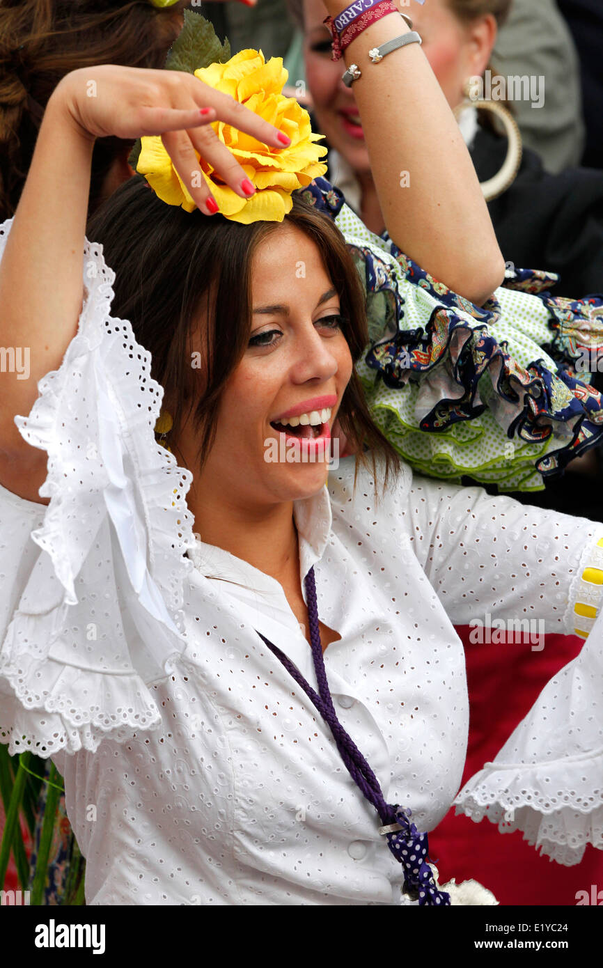 Spanish women wearing gypsy flamenco costume and dancing flamenco style ...