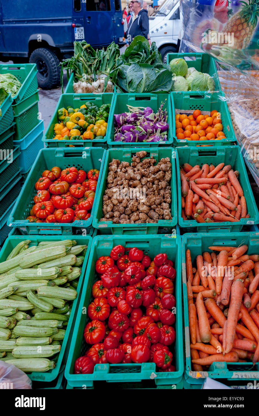Vegetables laid out on a market stall, Marsaxlokk Malta Stock Photo - Alamy