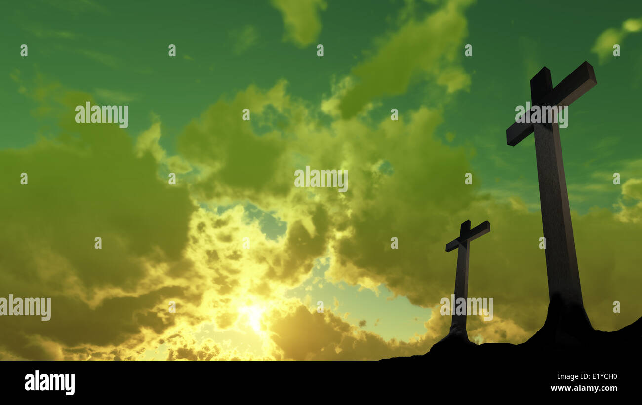 crosses silhouette with the sunset as background Stock Photo - Alamy