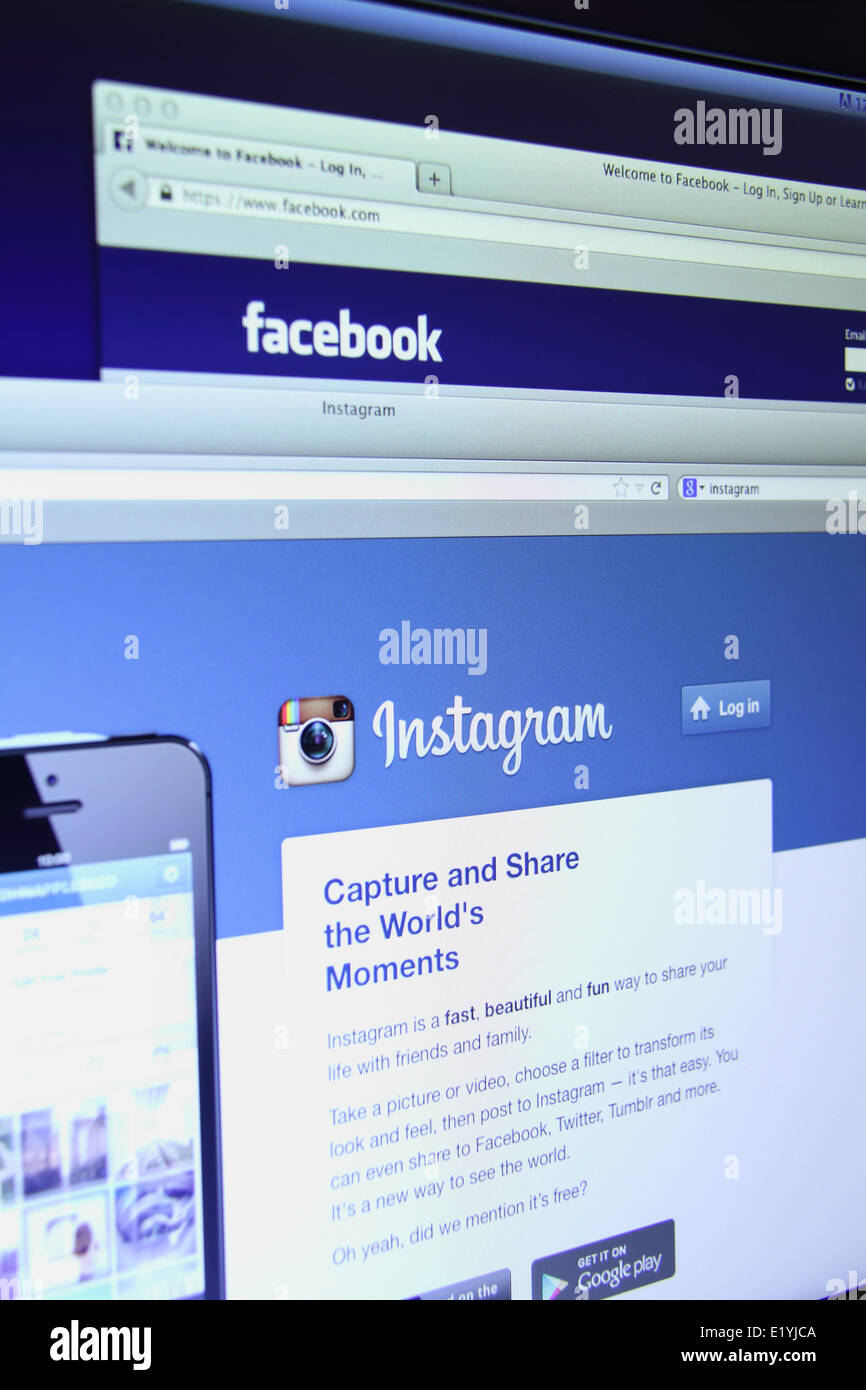 Photo of Facebook and Instagram homepage on a monitor screen. Facebook ...