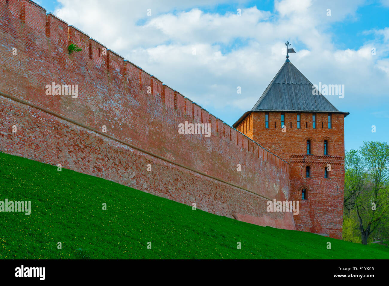 red brick wall of the Kremlin and the tower. Veliky Novgorod, Russia ...