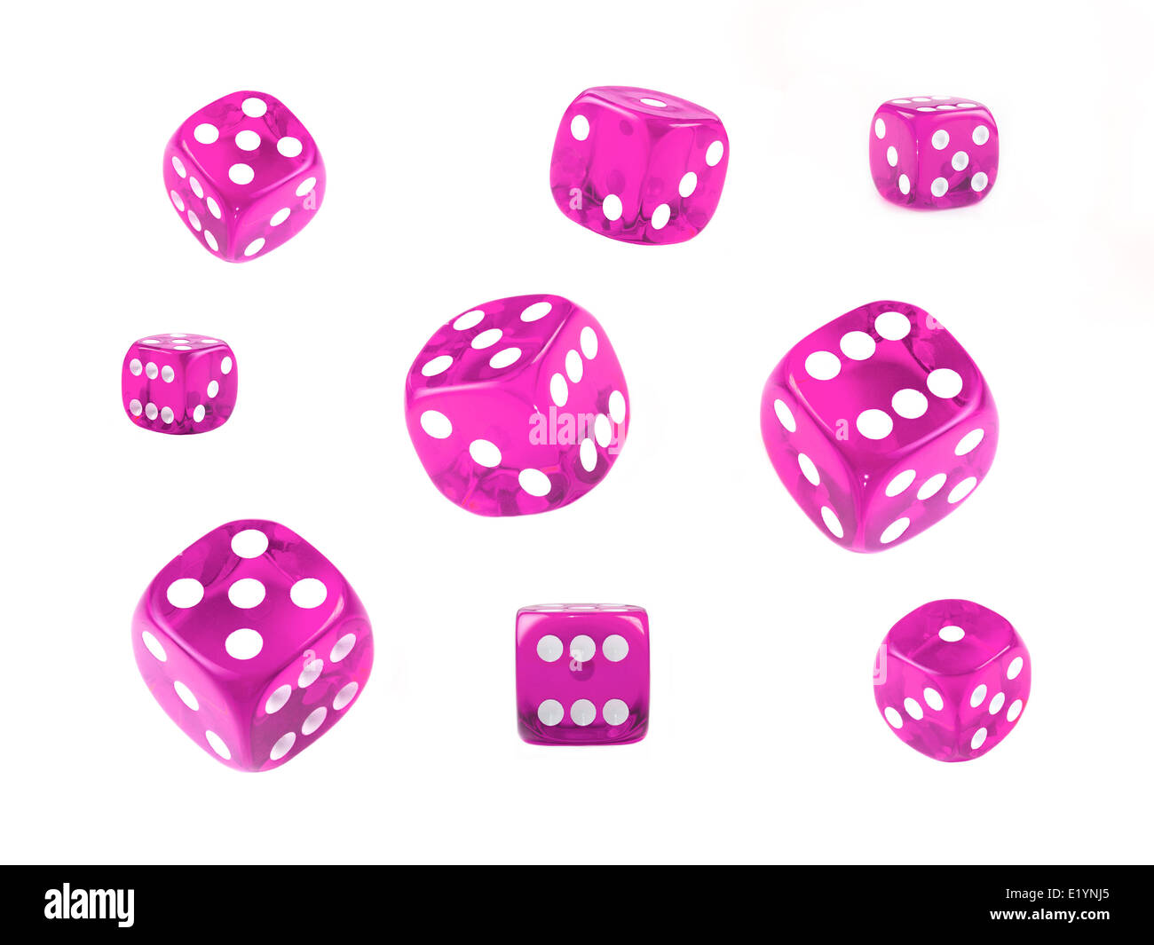 A collection of pink dice at different angles isolated on a white ...