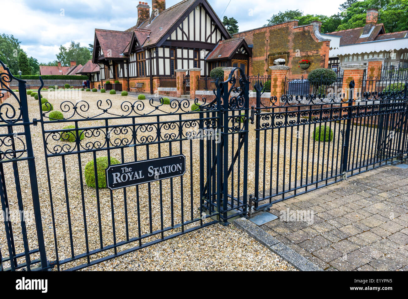 Ornate wrought iron gates at the royal station, Wolferton, Norfolk ...
