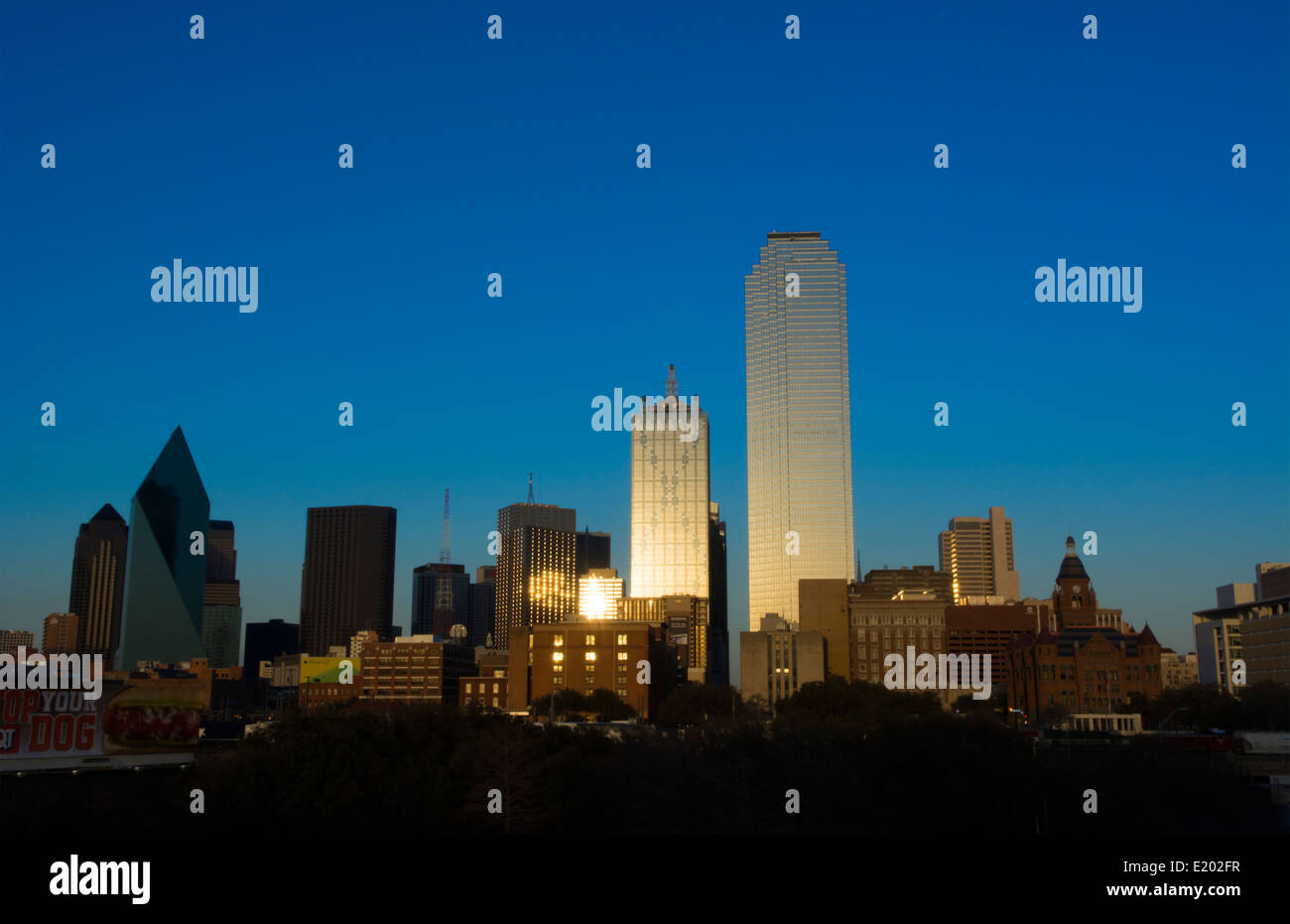 Dallas Texas skyline at sunset of modern skyscrapers in downtown Dallas ...