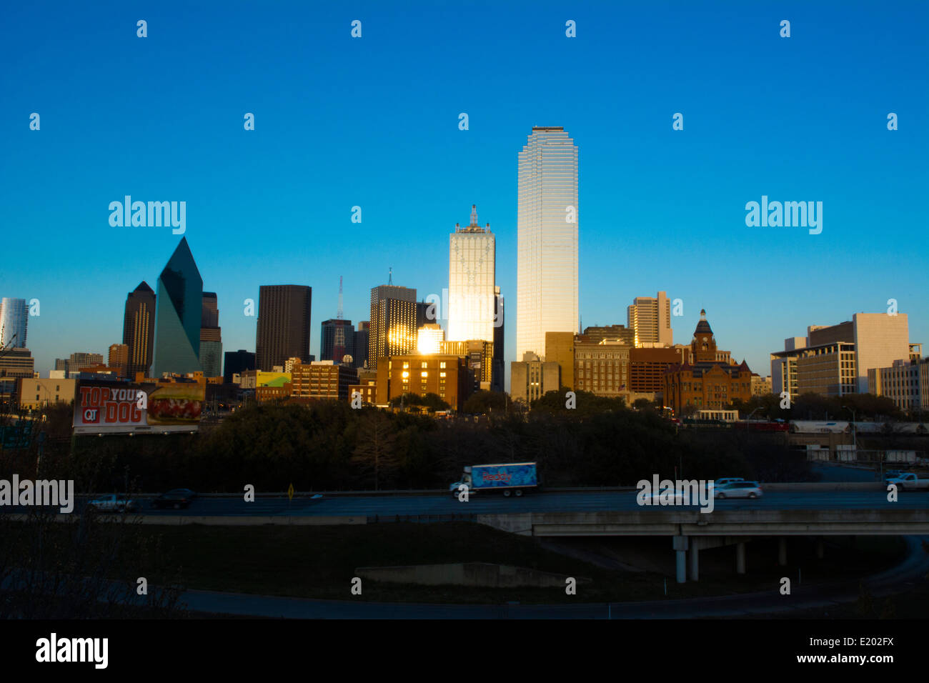 Dallas Texas skyline at sunset of modern skyscrapers in downtown Dallas ...