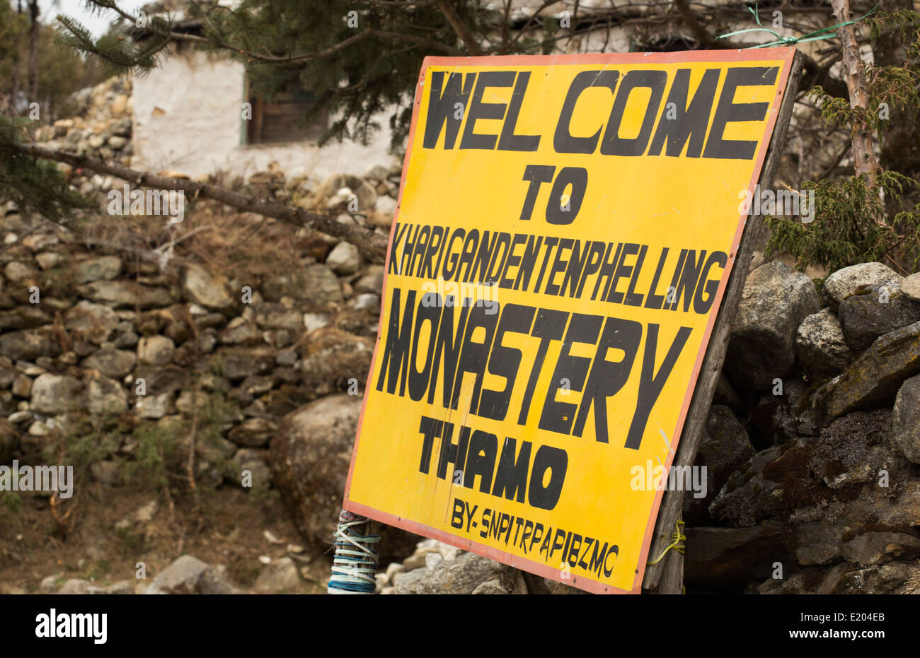 Nepal Welcome sign for the Kharigandentenphelling Monastery in Thamo ...