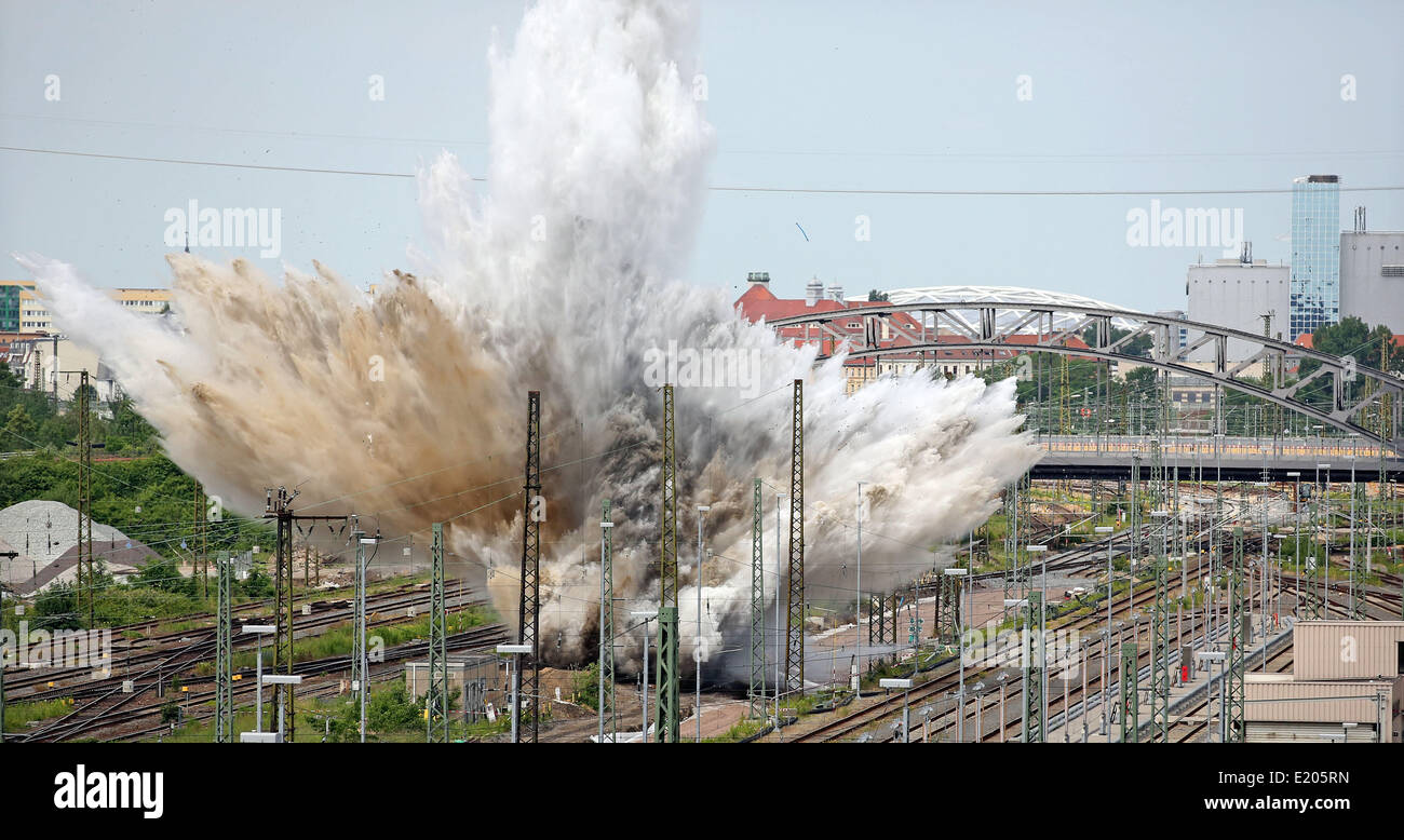 Leipzig, Germany. 12th June, 2014. An aerial bomb is detonated in a ...