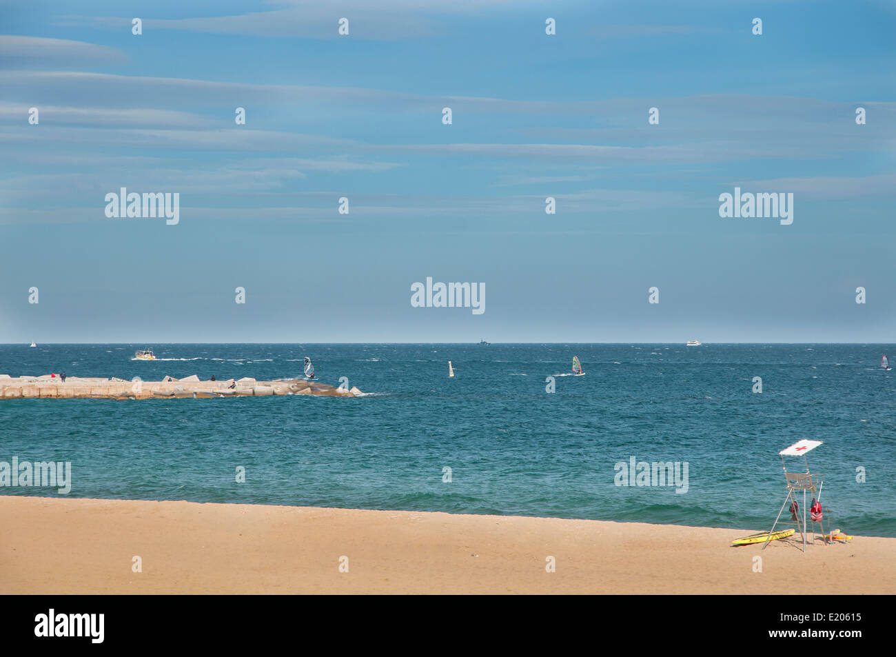Barcelona beach where a tower is observed nowadays relief Stock Photo ...