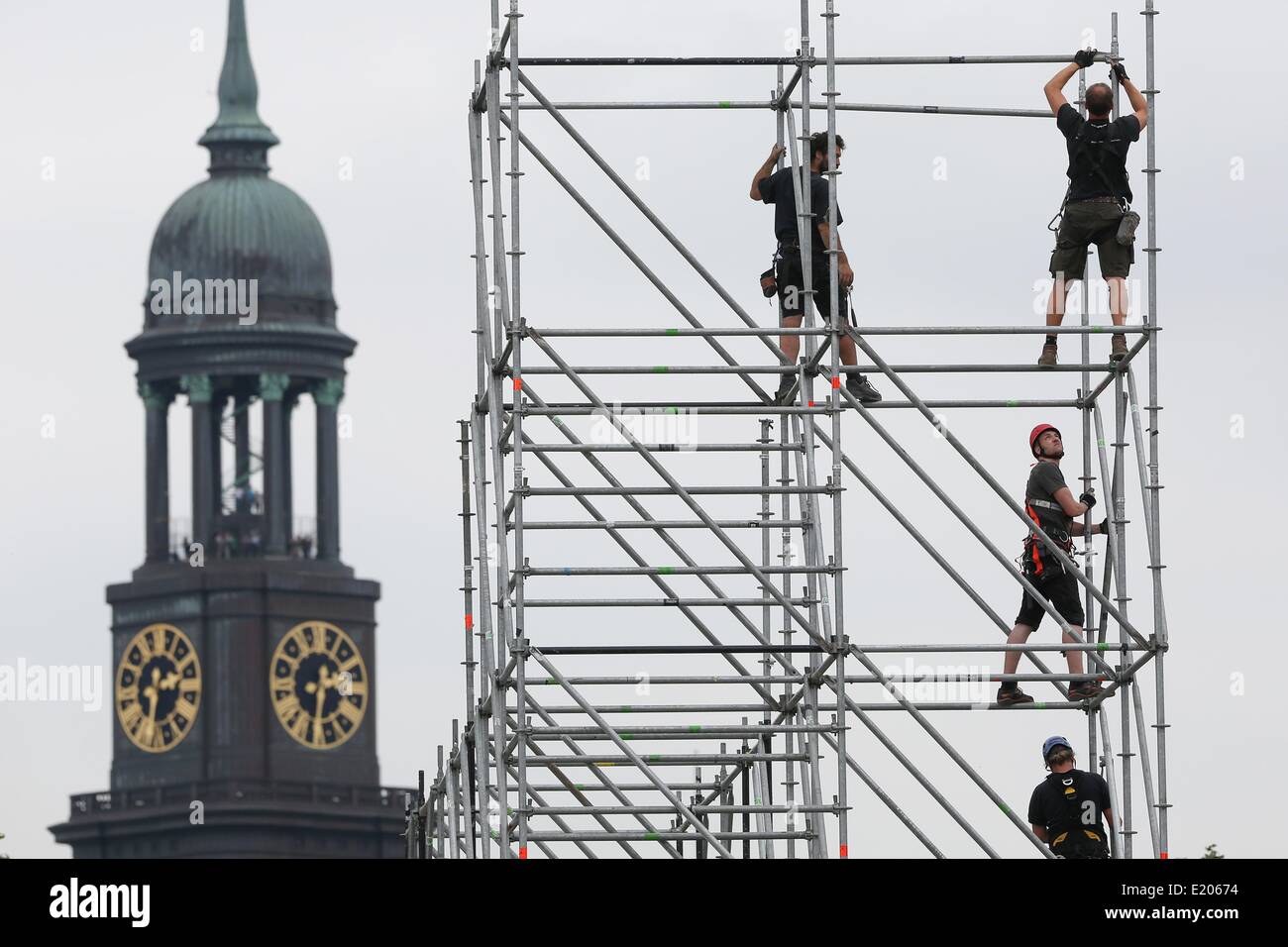Hamburg, Germany. 11th June, 2014. Workers prepare the main stage for ...