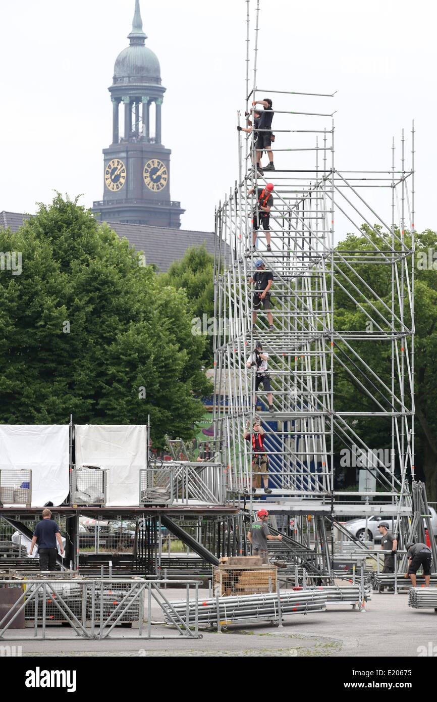 Hamburg, Germany. 11th June, 2014. Workers prepare the main stage for ...