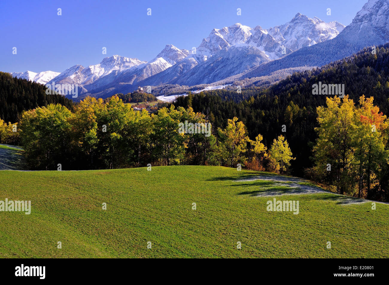 Lower Engadine in autumn with snowy mountains, Graubünden, Switzerland ...