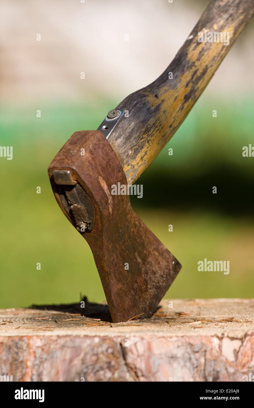 Axe into the tree stump Stock Photo - Alamy