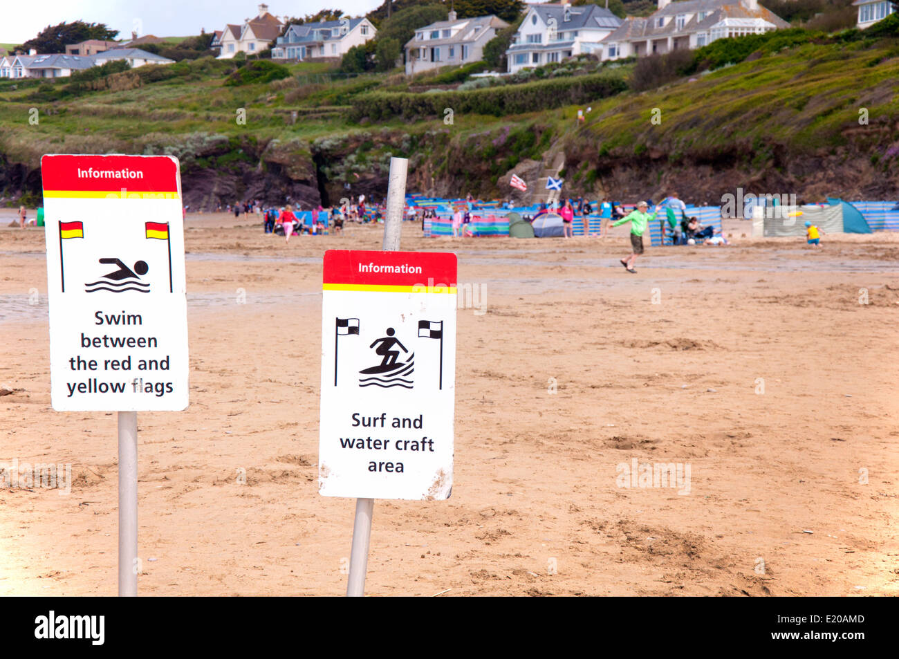 Warning information signs on Polzeath beach Cornweall England UK Stock ...