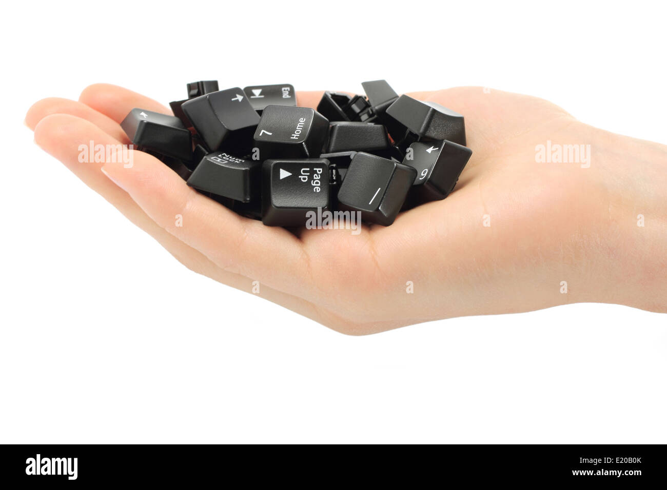 Human hand held computer keyboard keys on white background Stock Photo ...
