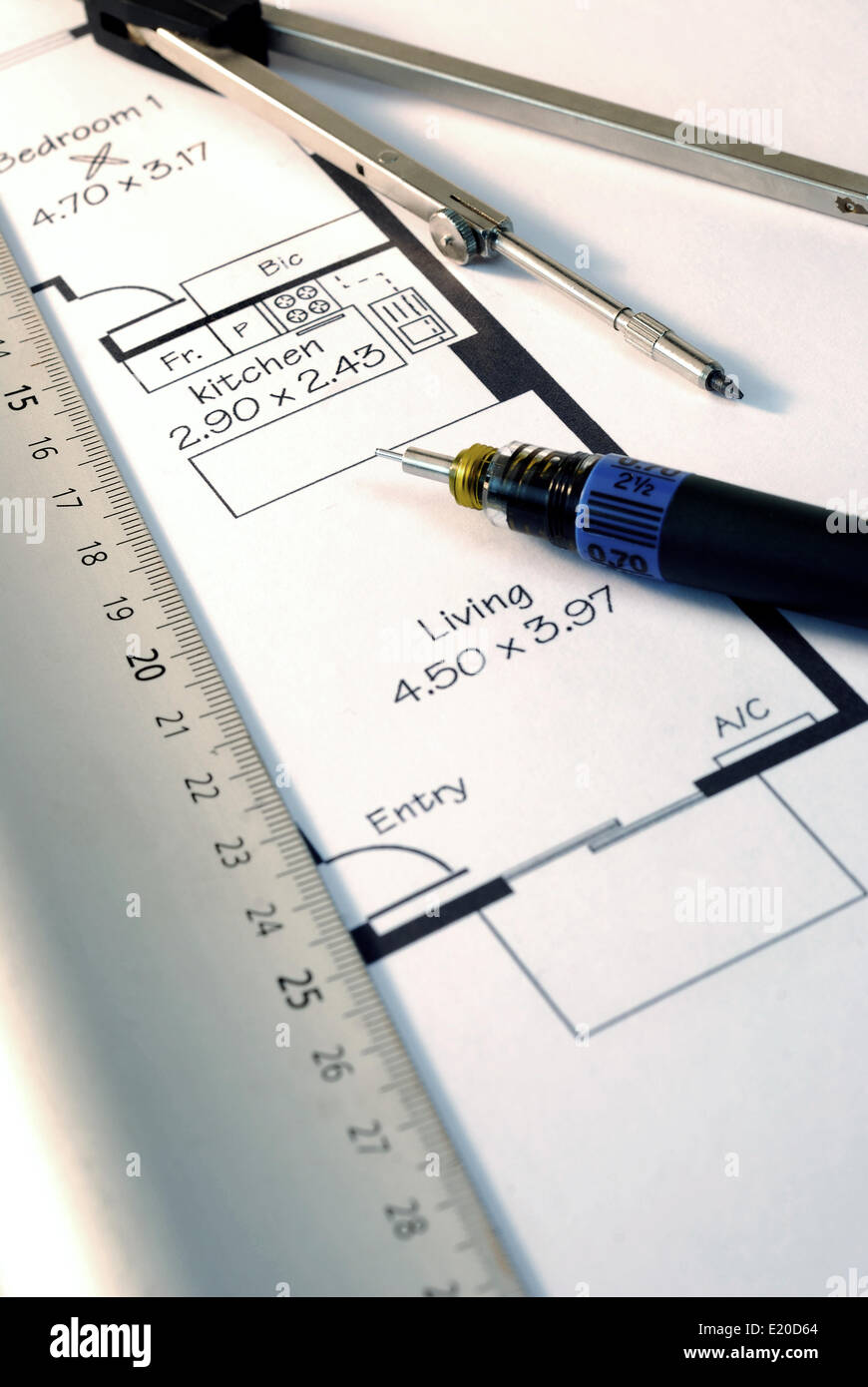 Architects pen ,plans and ruler Stock Photo - Alamy