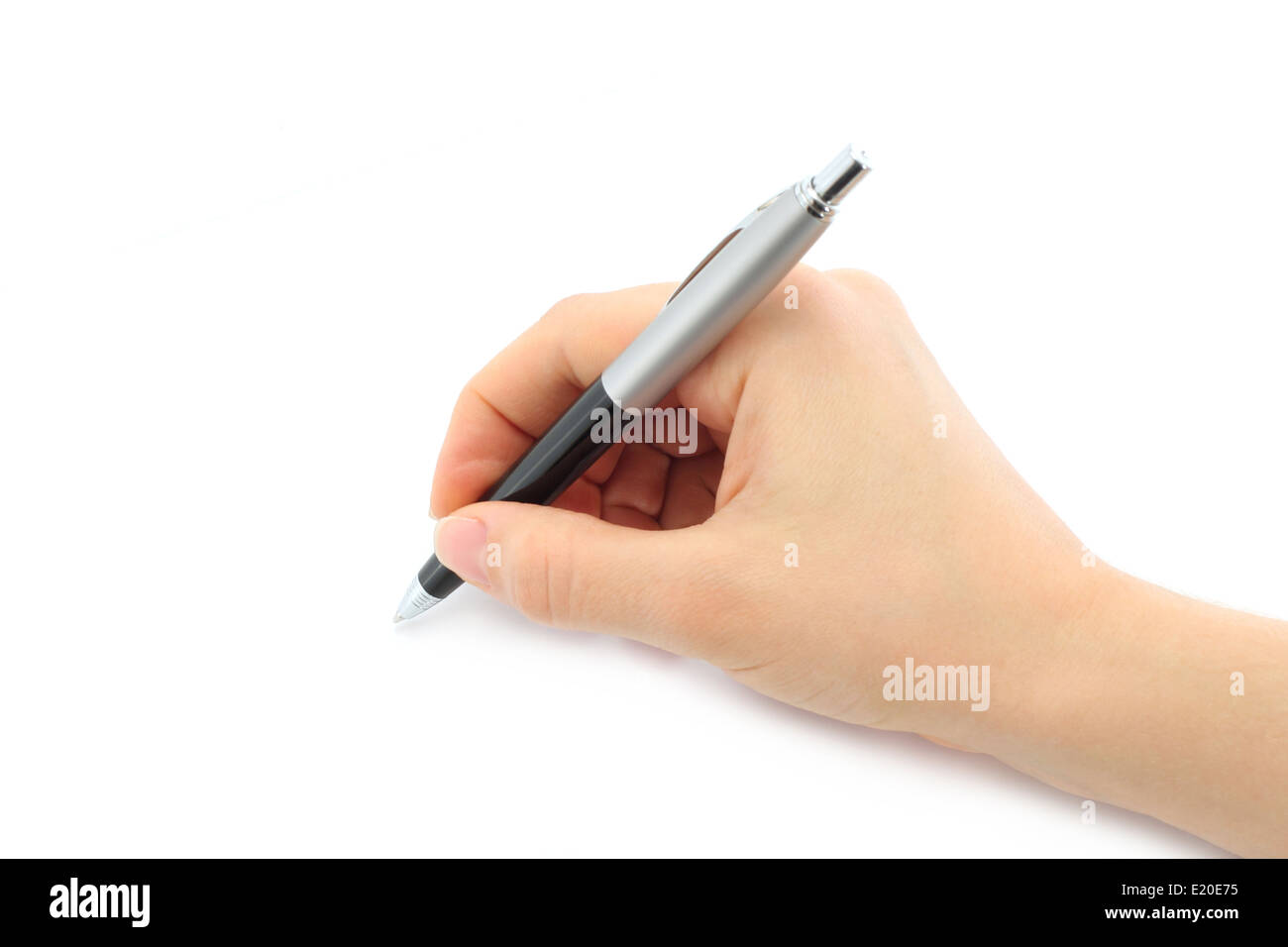 Writing woman hand on a white background Stock Photo - Alamy