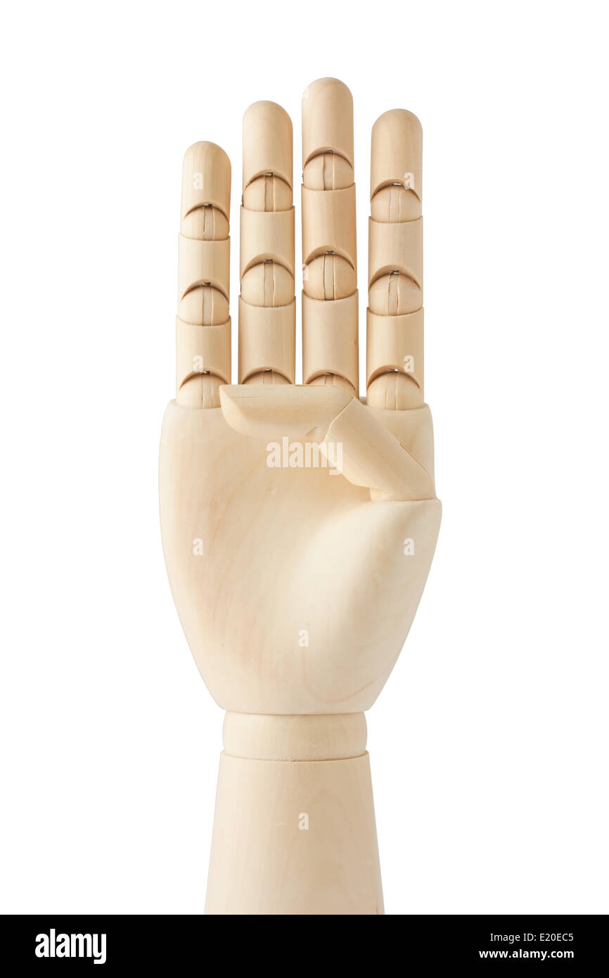wooden dummy hand with four fingers up Stock Photo - Alamy