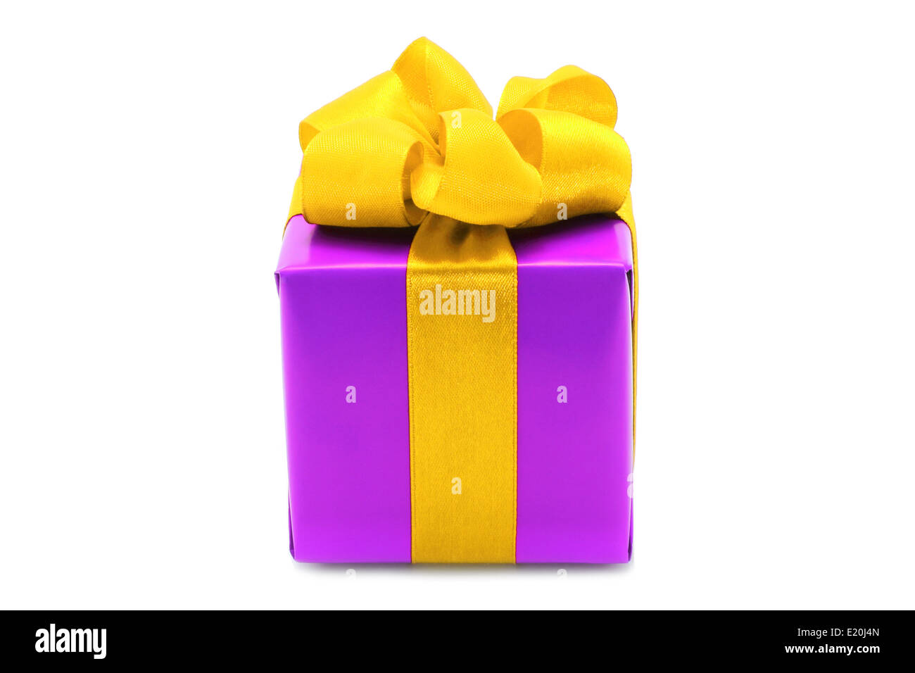 Purple present box with yellow bow on a white background Stock Photo ...