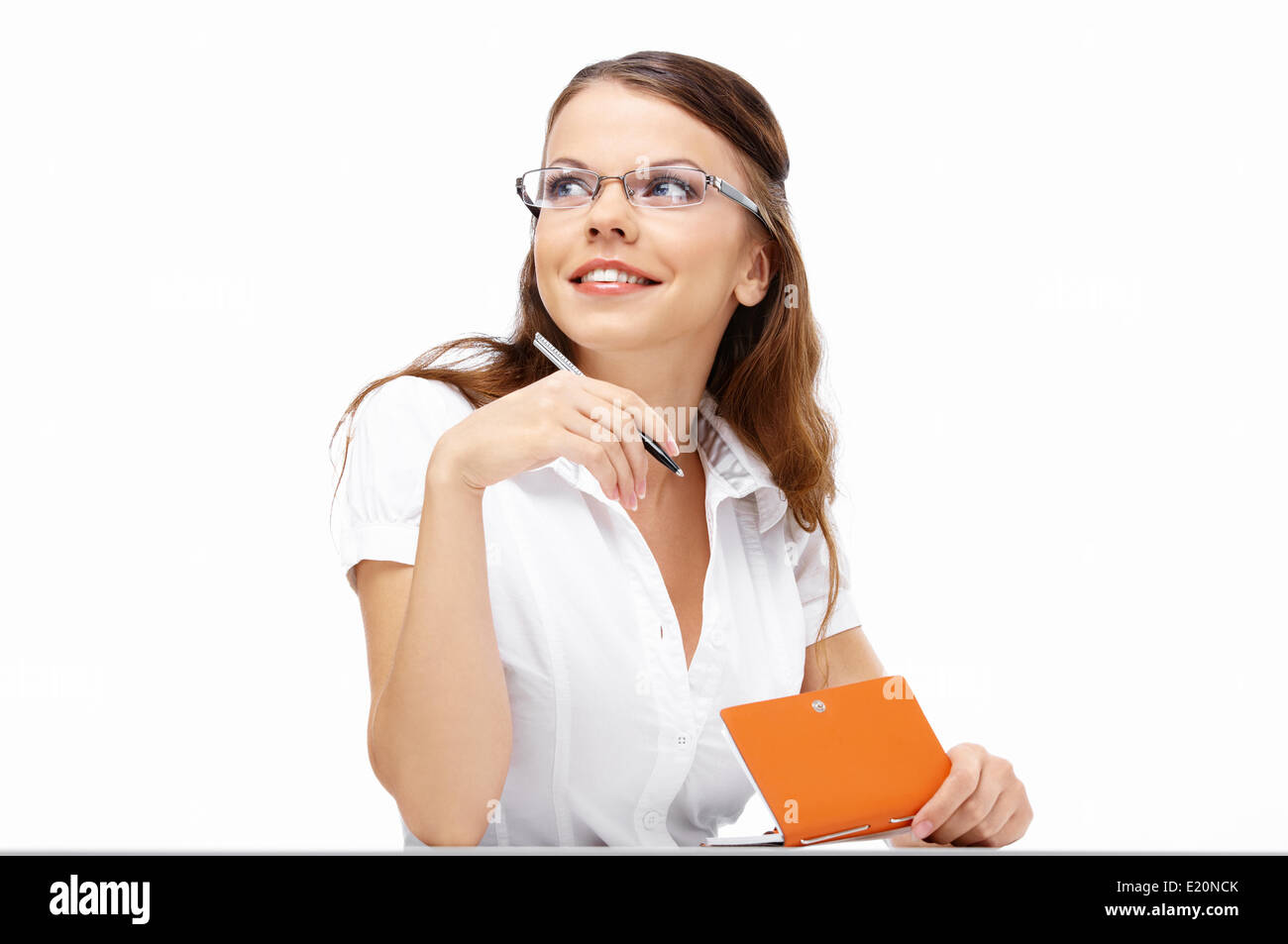 Woman with notepad on white background Stock Photo - Alamy