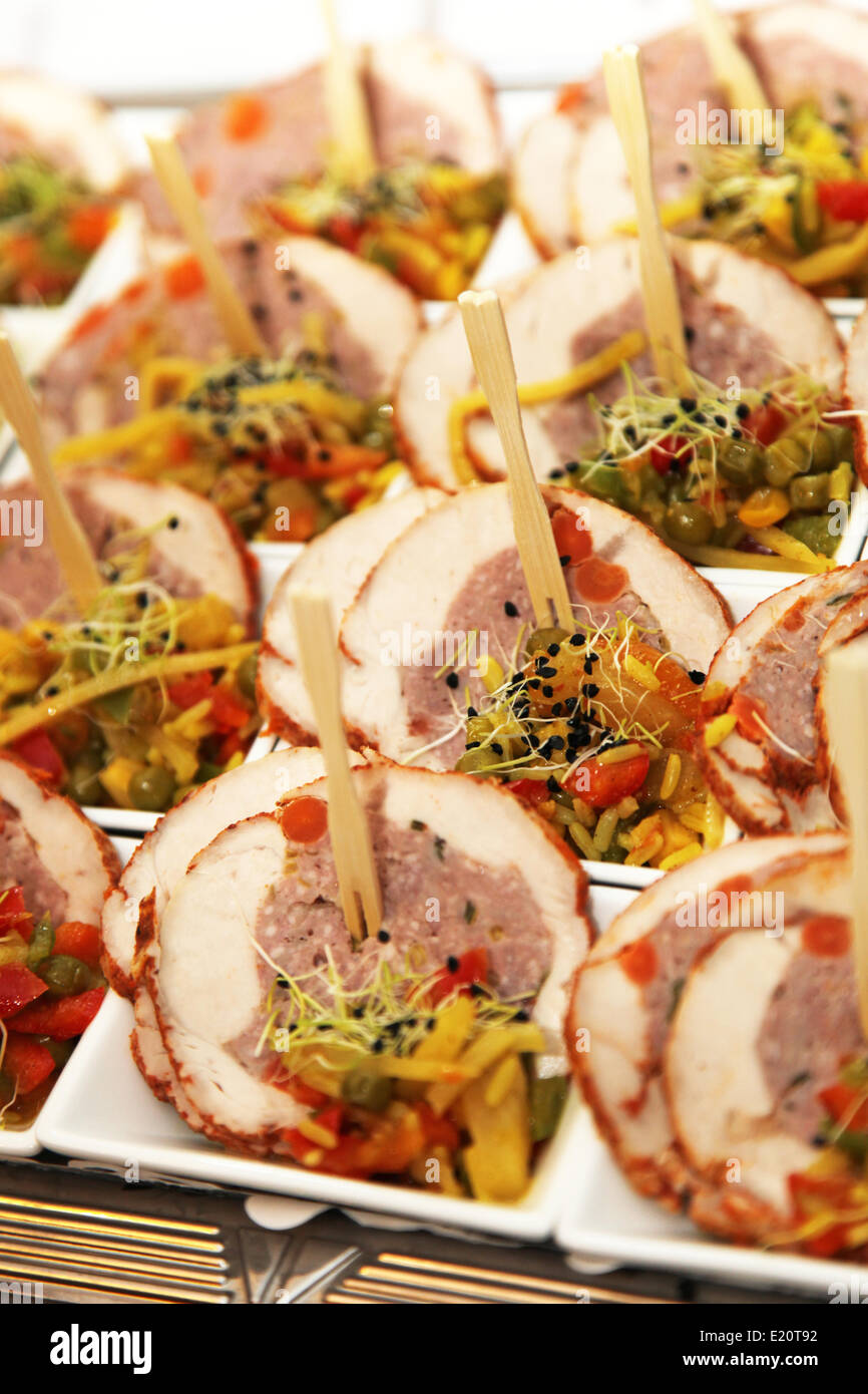 finger food - meat decorated in small bowls Stock Photo - Alamy