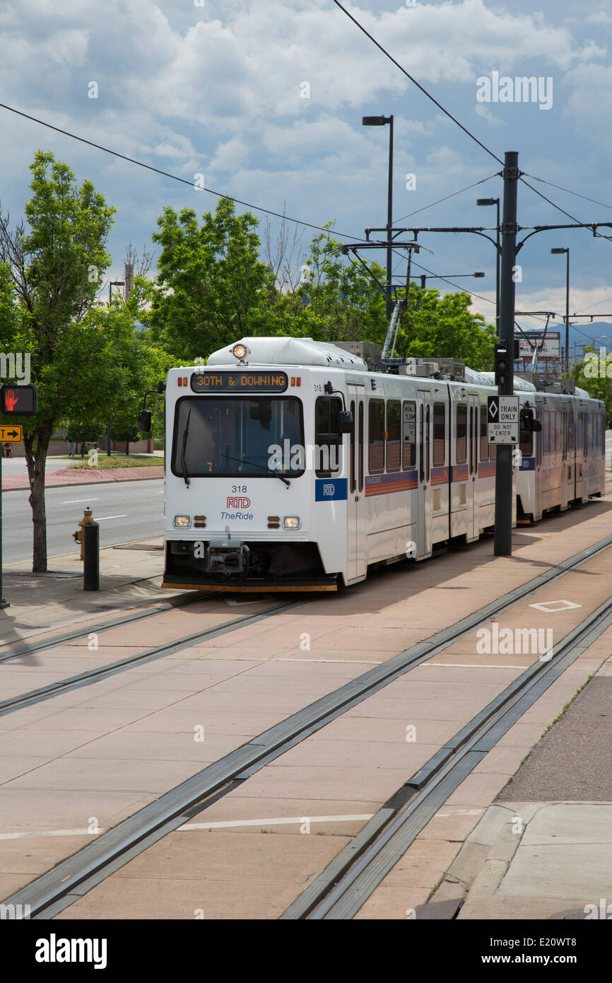 Denver, Colorado - Rapid transit trains at a station near downtown ...