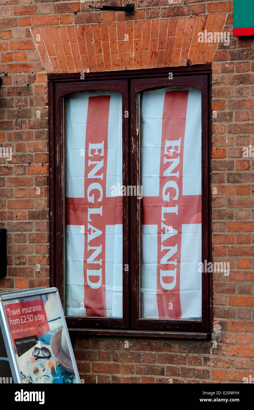 England flags in post office window, Stockton, Warwickshire, England ...