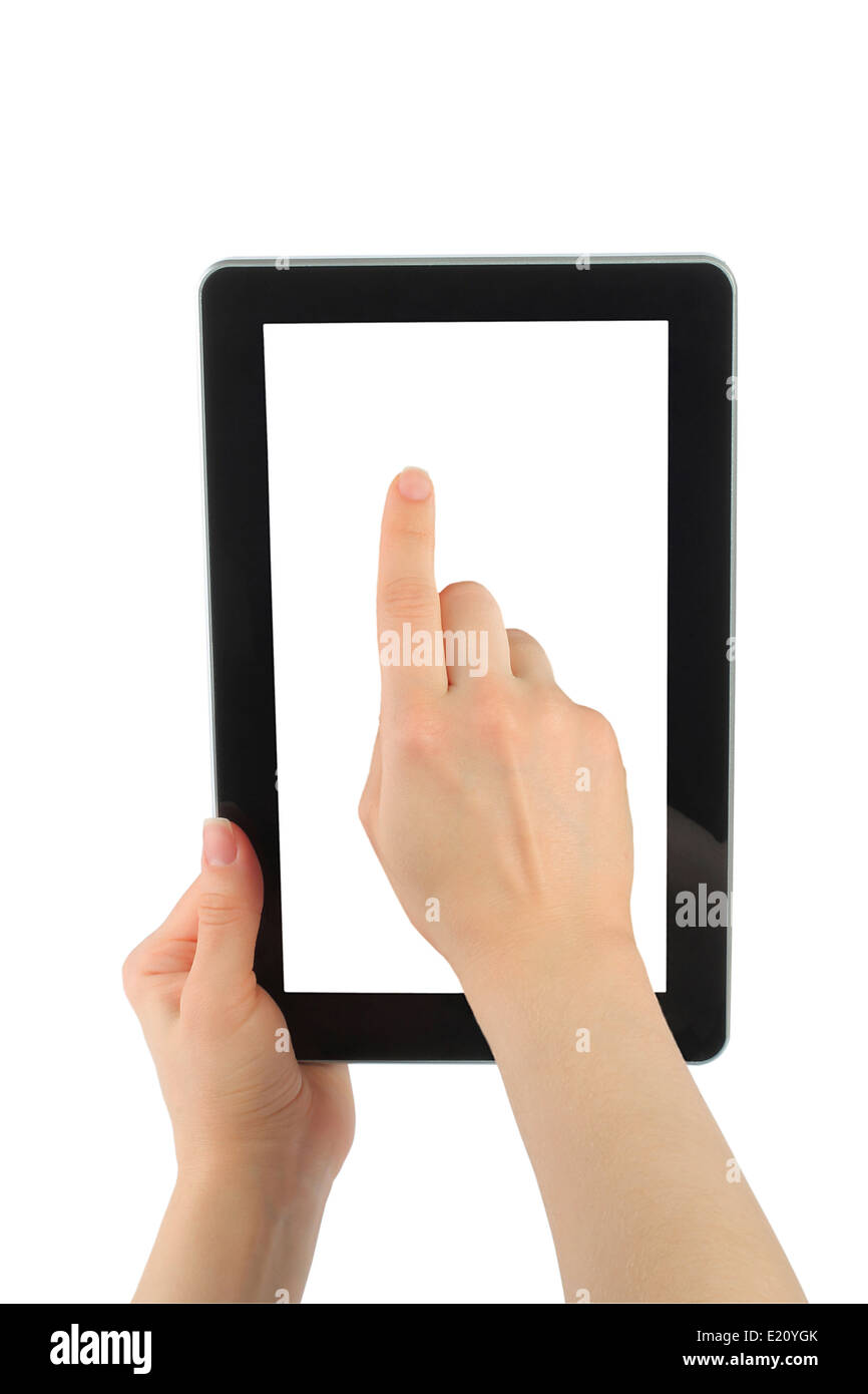 Woman hand with touch screen device on white background Stock Photo - Alamy