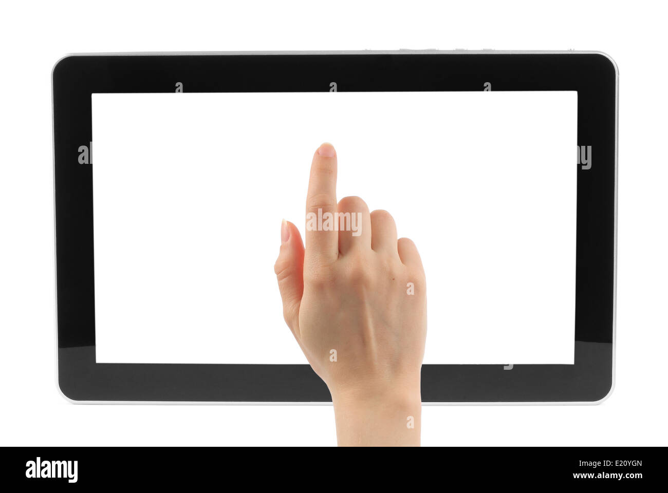 Woman hand with touch screen device on white background Stock Photo - Alamy