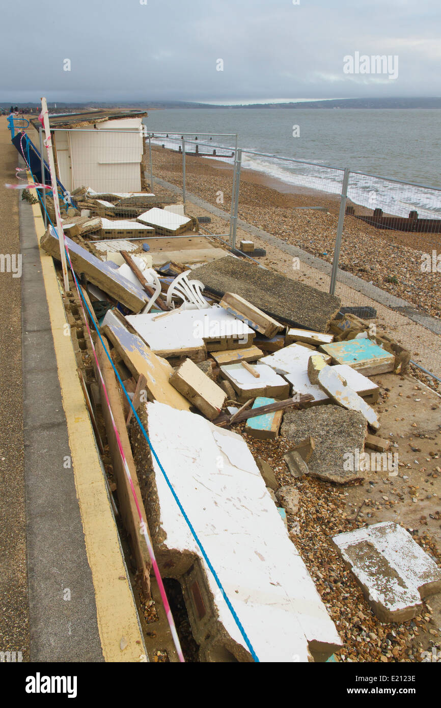 Smashed by storms, damaged beach huts. After the February 14 2014 ...