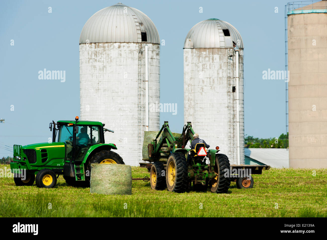 Farmer loading Rolls of Round baled hay onto a flatbed trailer with ...